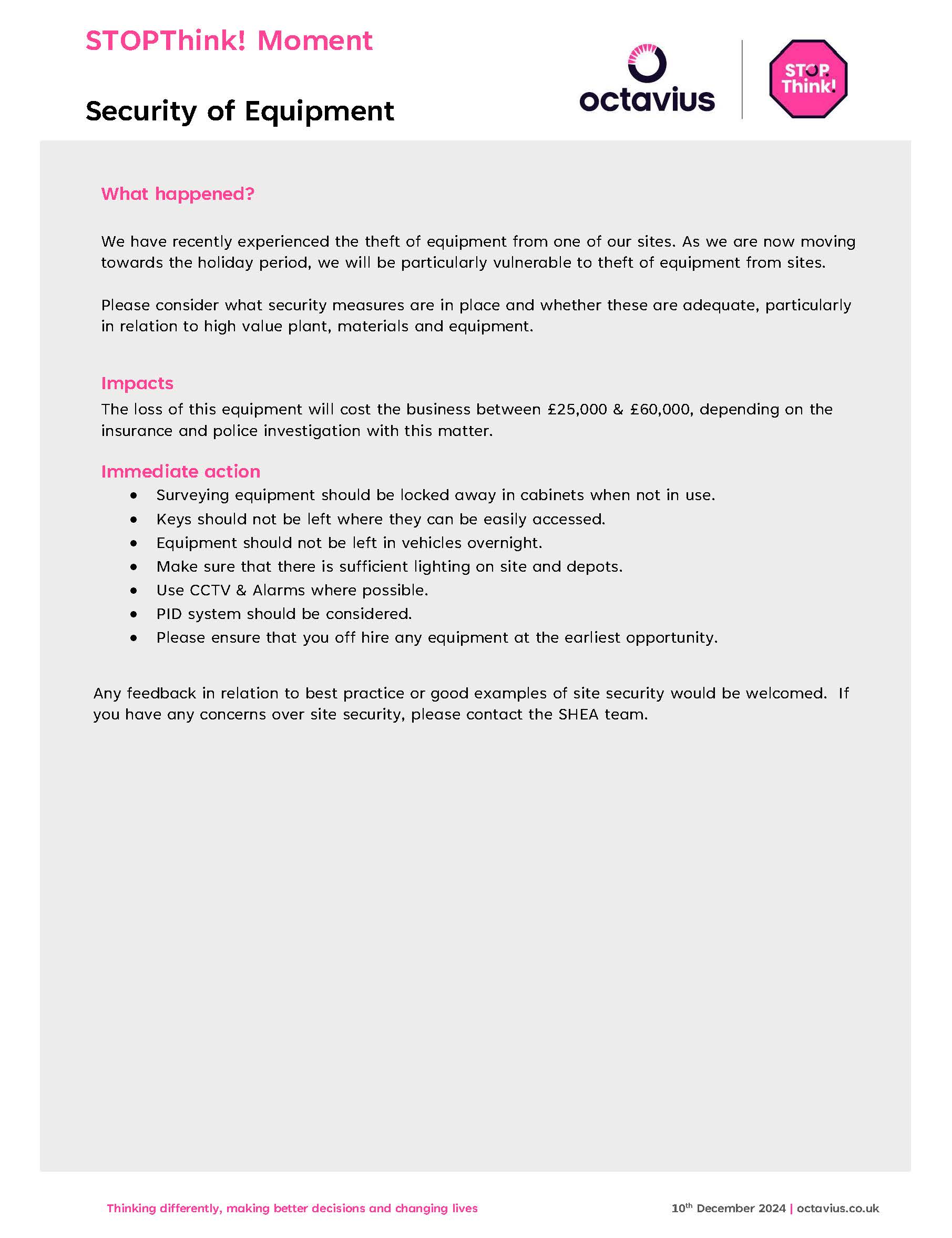 Security of Equipment - StopThink!